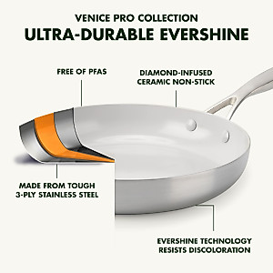 GreenPan Venice Pro Tri-Ply Stainless Steel Healthy Ceramic Nonstick 12" Wok Pan with Helper Handle and Lid, PFAS-Free, Multi Clad, Induction, Dishwasher Safe, Oven Safe, Silver