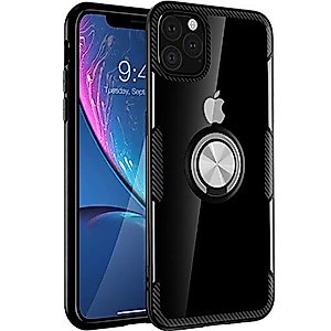Designed for iPhone 11 Pro Max Case 6.5 inch, Carbon Fiber Design Clear Crystal Anti-Scratch Case with 360 Degree Rotation Ring Kickstand(Work with Magnetic Car Mount) for iPhone 11 Pro Max,Black