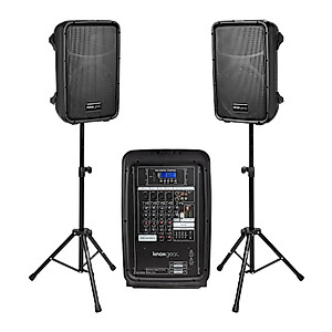 Knox Gear Dual Speaker and Mixer Set–Portable 8” 300 Watt DJ PA System with Wired Microphone & Tripod Stands, Amplifier, Bluetooth, USB, SD, 1/4” Line RCA, XLR Inputs, Ideal for a party or event