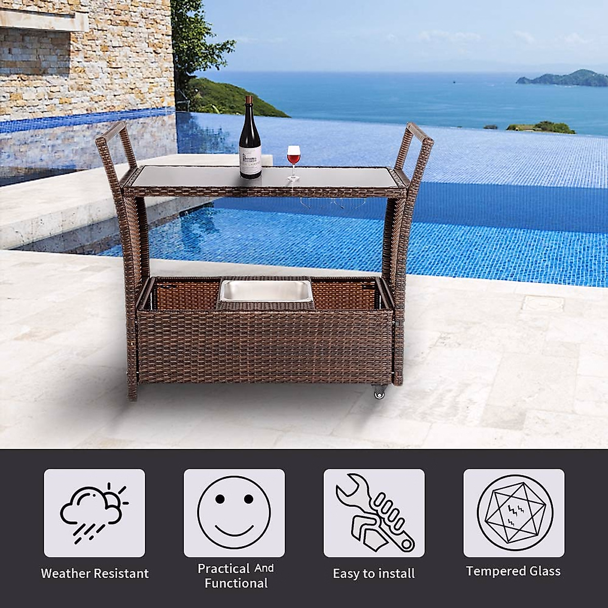 Bonnlo Wicker Outdoor Bar Cart with Wheels and Ice Bucket, Outdoor Bar Table Serving Cart Rattan Bar Cart with Glass Top and Wine Glass Holder for Pool, Party, Backyard, Porch