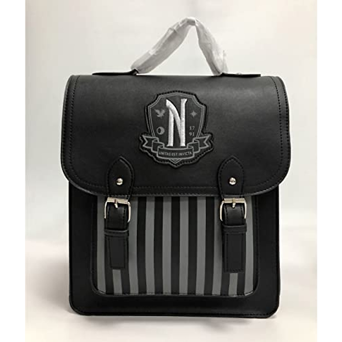 CLESUZ Wednesday Backpack Vintage Black Leather Backpack with Adjustable Shoulder Straps and Trendy Keychains Preppy Y2K Gothic Academy Backpack (GreyStripes)