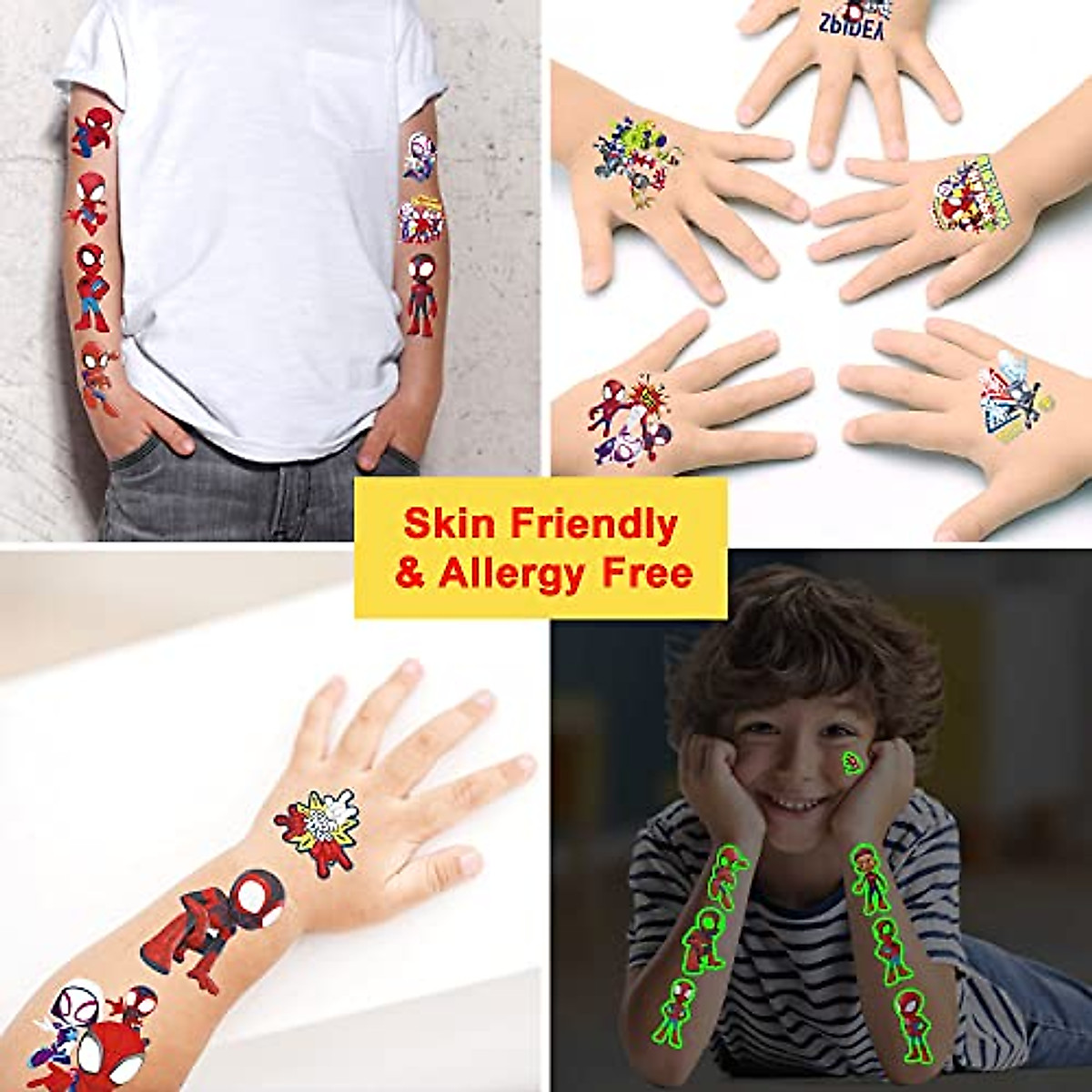 198PCS Spider Temporary Tattoos for Kids, 8 Sheets Luminous Birthday Party Supplies Favors, Anime Favors Decorations Cute Fake Stickers Teens, Water Bottles, Green