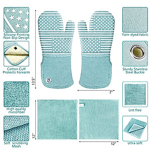 Yarn-Dyed Oven Mitts Silicone Printing and Kitchen Towels 4 pcs Set, Heat Resistant to 470 Degree, Non-Slip Kitchen Gloves/Pot Holders for Cooking Barbecue and Machine Washable (Khaki Oven Mitts)