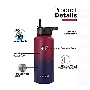 Dr.FLASK Sports Water Bottle - 32 Oz, 3 Lids (Straw Lid), Leak Proof, Vacuum Insulated Stainless Steel, Double Walled, Thermo Mug, Metal Canteen