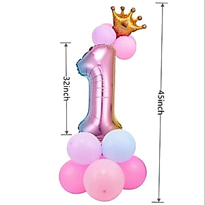 32 inch Aluminum Foil Rainbow Gradient Number 1 Crown Balloon, Giant Aluminum Foil Number 1 Balloon, Birthday Balloon, 1st Children's Birthday Party Baby Shower Decoration Supplies (Rainbow gradient 1)