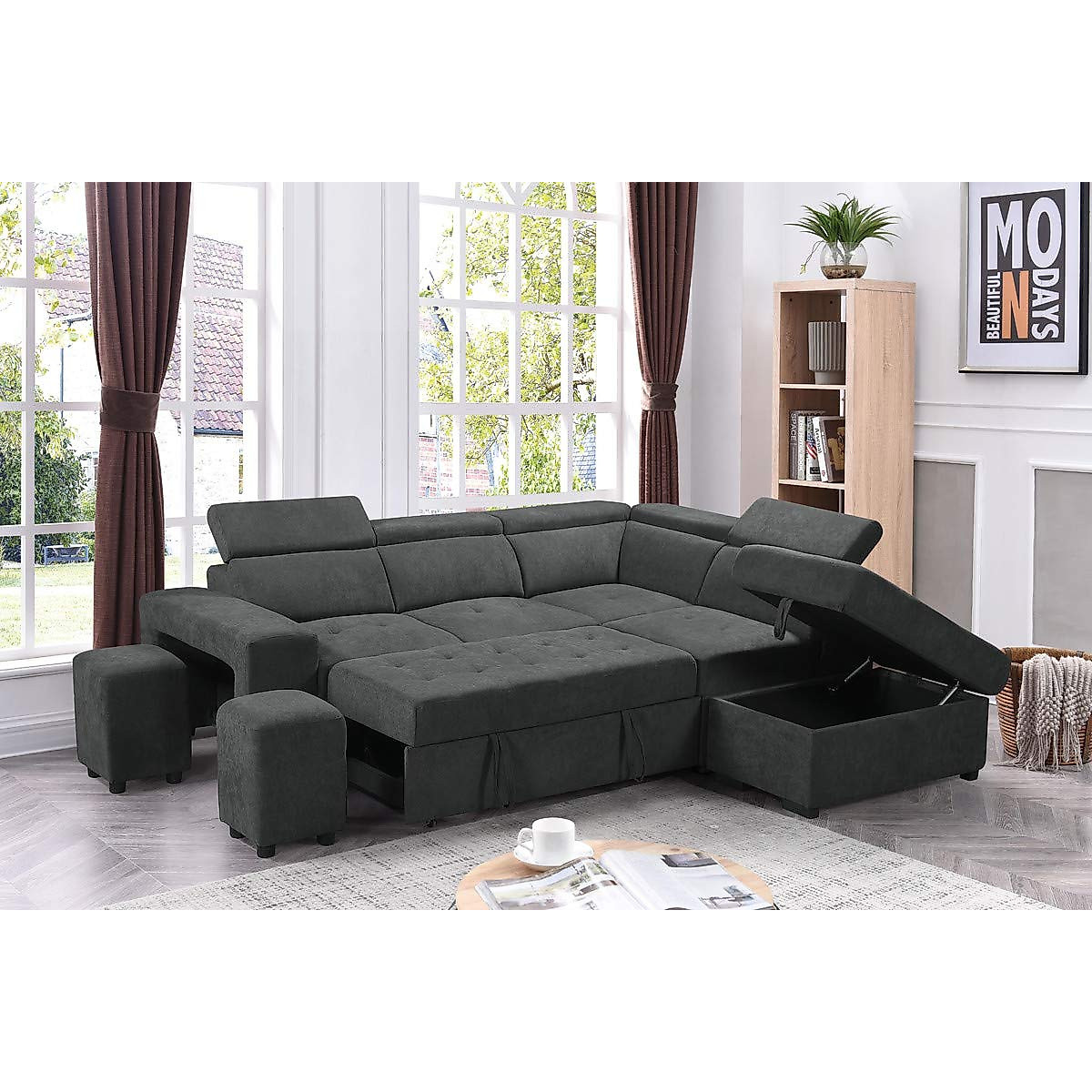 Lilola Home Henrik Dark Gray Sleeper Sectional Sofa with Storage Ottoman and 2 Stools