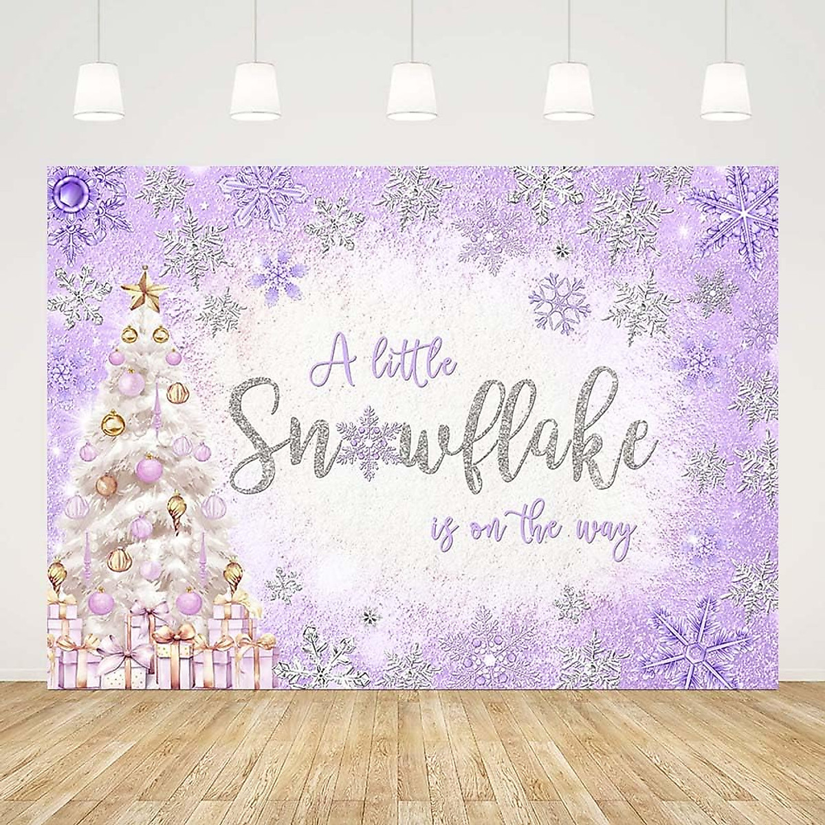 AIBIIN 7x5ft Snowflake Baby Shower Backdrop A Little Snowflake is on The Way Baby Shower Photography Background Purple Sliver Winter Snowflake Christmas Tree Baby Shower Party Decorations Supplies