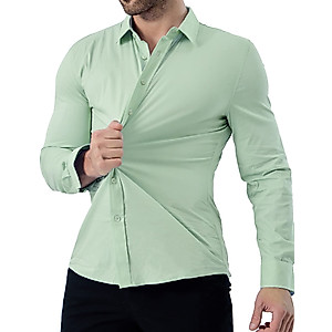 ZAFUL Mens Dress Shirts Slim Fit Button Down Long Sleeve Stretch Collared Shirt Cotton Wrinkle Free Button Up Mens Tops Light Green Small