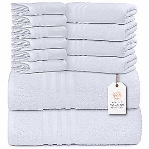Wealuxe 12 Piece Bath Towel Set for Bathroom - 2 Bath Towels, 4 Hand Towels, 6 Washcloths 100% Cotton Soft and Plush Highly Absorbent, Soft Towel for Hotel & Spa - White