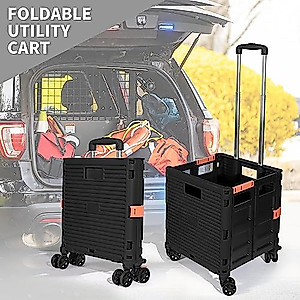 Rolling Crate Utility Cart Collapsible Tote Basket Teacher Cart with Lid Wear-Resistant Noiseless 360°Rotate Wheel Telescoping Handle for Trave Moving Luggage Use(Pink,110lbs)