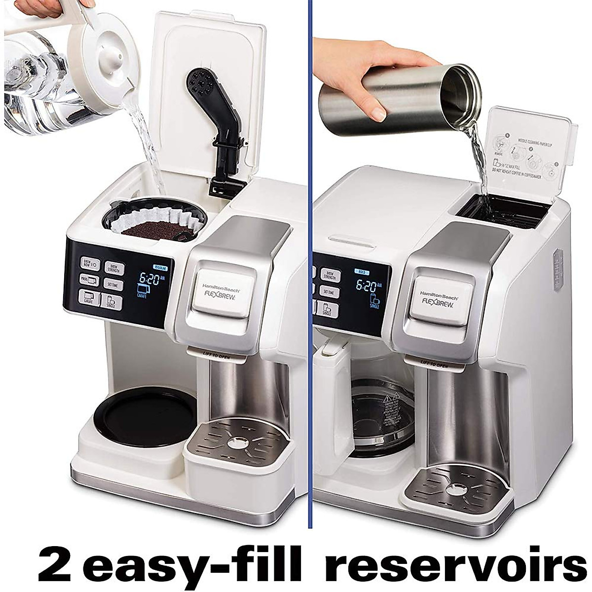 Hamilton Beach 49947 FlexBrew 2 Way Coffee Maker Single-Serve or 12 Cup Pot, White Bundle with 1 YR CPS Protection Pack, 3x Single-Serve Cups, Milk Frothing Pitcher, 2x Reusable 16oz To Go Mug