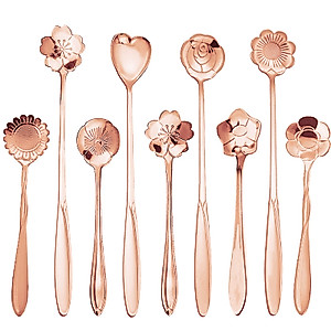 9 Pcs Flower Spoon Coffee Teaspoon Set, ESRISE Stainless Steel Tea Spoon essert Spoon, Cute Demitasse Scoop for Stirring Drink Mixing Milkshake Jam (Rose Gold)