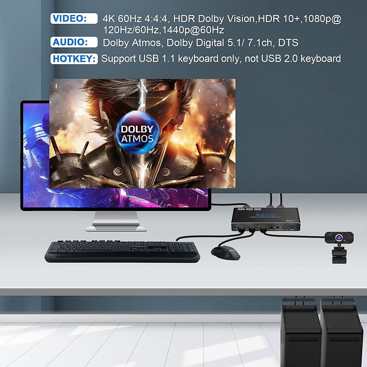 USB 3.0 KVM Switch HDMI 2 Computer 1 Monitor HotKey 4K60 4:4:4 HDR Atmos - 2 PCs Share Keyboard Mouse Printer Scanner Mac Windows,HDCP Pass, 2 USB3.0 Cable,USB Selector SW21KVM