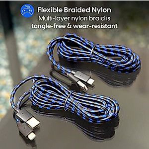 TALK WORKS Fast Charge USB-C Charger Cable for PS5 Controller - 10 Feet Long, Heavy-Duty Braided Type C Cord Charging Compatible with Sony Playstation 5 - Black-Blue (2 Pack)