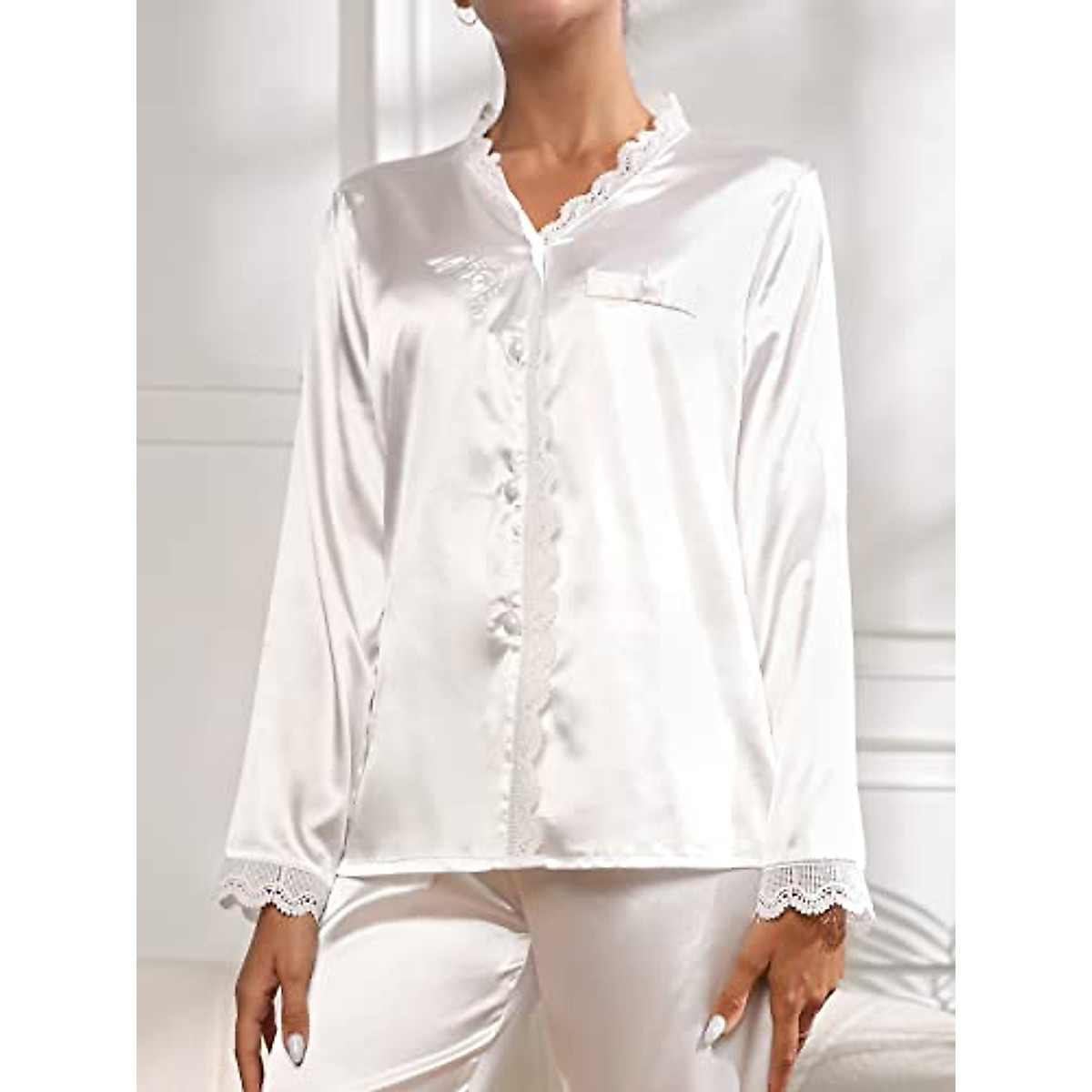 MakeMeChic Women's Satin PJ Set Silk Lace Trim Button Down Shirt and Pants Pajama Set White S