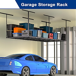 GIOTORENT 3x8FT Overhead Garage Storage Rack, Heavy Duty Metal Garage Ceiling Storage Racks, Adjustable Garage Shelving/Garage Organization/Garage Storage Shelves, 600lbs Weight Capacity, Black