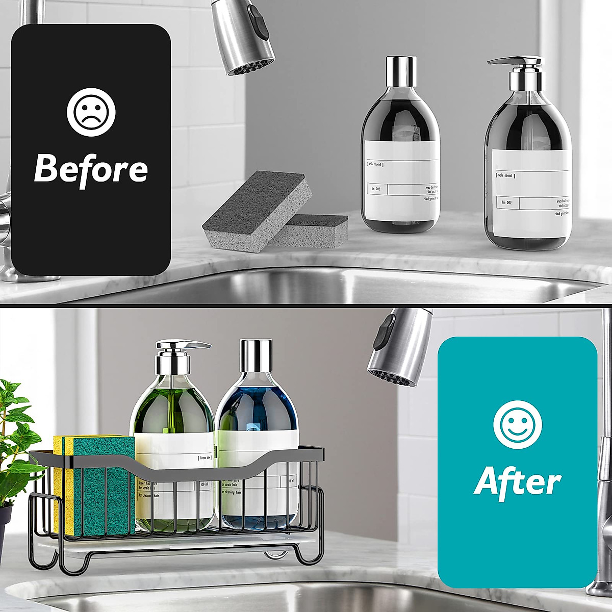 Kitchen Sink Caddy, Sponge Holder for Kitchen Sink, Kitchen Sink Organizer Accessories for Countertop, Stainless Steel Dish Sink Brush Holder with Removable Drip Tray for Dish Soap Brush Scrubber