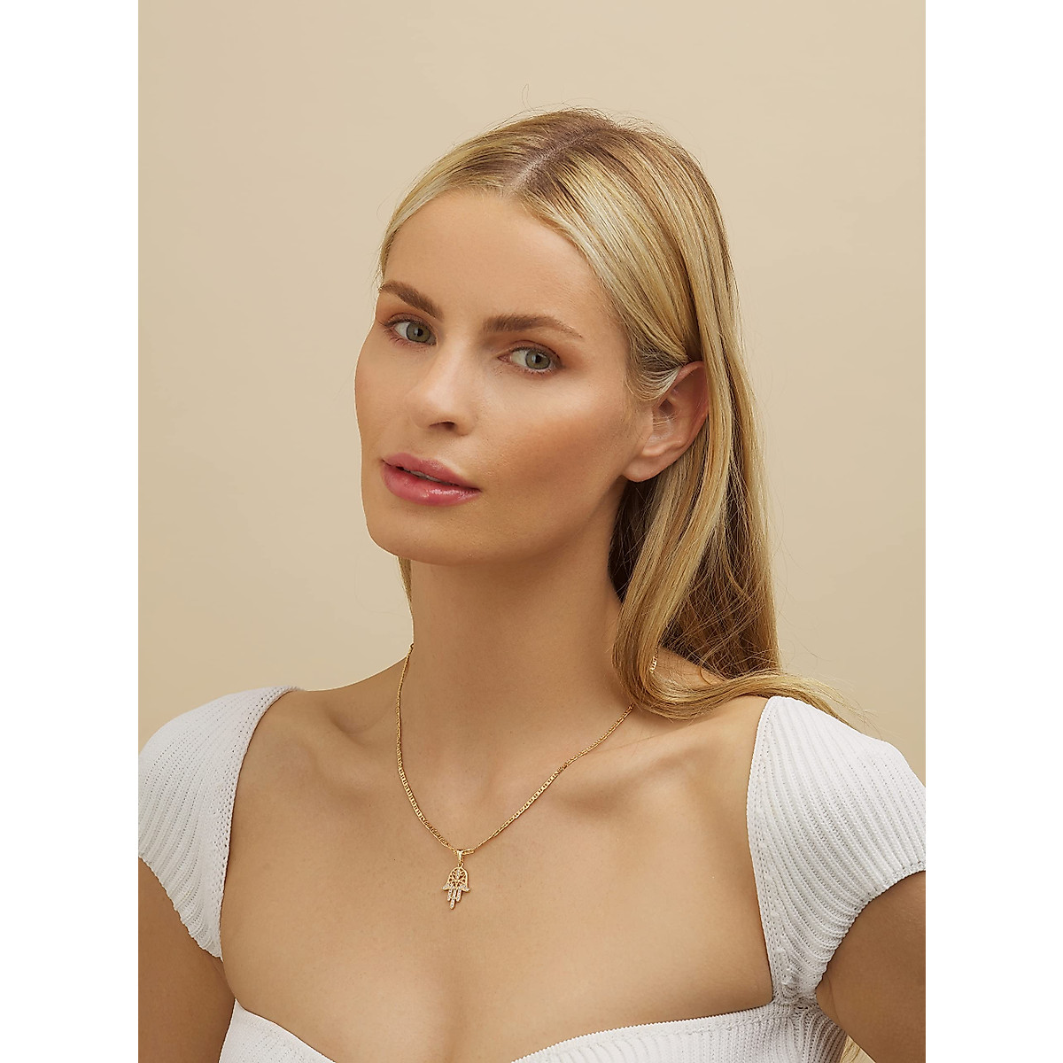 Barzel Hamsa Necklace for Women & Men 18K Gold Plated Flat Mariner/Marina 060 3MM Chain Necklace With Cubic Zirconia Hamsa Hand Pendant (Hamsa, 18)