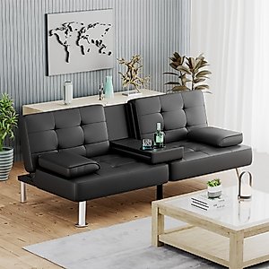 Acurax Futon Sofa Bed, Modern Faux Leather Convertible Folding Lounge Couch for Living Room with 2 Cup Holders Removable Soft Armrest and Sturdy Metal Legs, Black