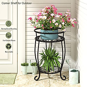 Veakoo Metal Plant Stand Indoor Outdoor,2 Tier Tall Flower Pot Shelf Planter Holder Pedestal Round Sheves Rustproof Wrought Iron Heavy Duty Rack for Corner Garden, Black, 19.37 inch