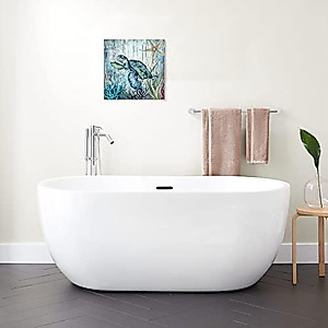 HGTUSJHC Sea Turtle Bathroom Wall Decor Modern Canvas Ocean Theme Painting Pictures Art Framed Artwork for Bedroom Home Office Kitchen Rustic Green Decoration Size 14x14, Blue and Green