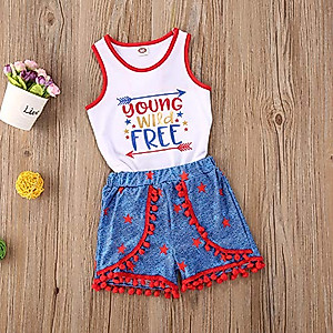 2pcs Baby Girl Holidat Summer Outfit Set,Young Wild Free Vest Tops+ Tassels Short Pants (White Blue, 2-3Y)