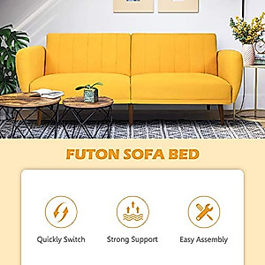 Giantex Foldable Futon Sofa Bed, Convertible Sofa Couch Upholstered Futon Sleeper Sofa, 3-Level Angle Adjustable, Pull Out Futon Bed Ideal for Compact Living Room Apartment, Dorm (Yellow)