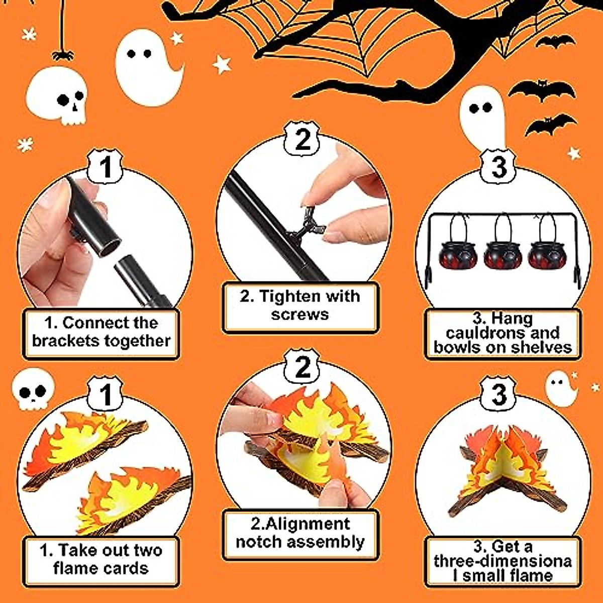 Uiifan 7 Pcs Halloween Cauldron Serving Bowls Halloween Candy Bowls on Rack Candy Bucket Cauldron with 3D Fake Cardboard Campfire Centerpiece Halloween Party Decoration for Indoor Outdoor Home