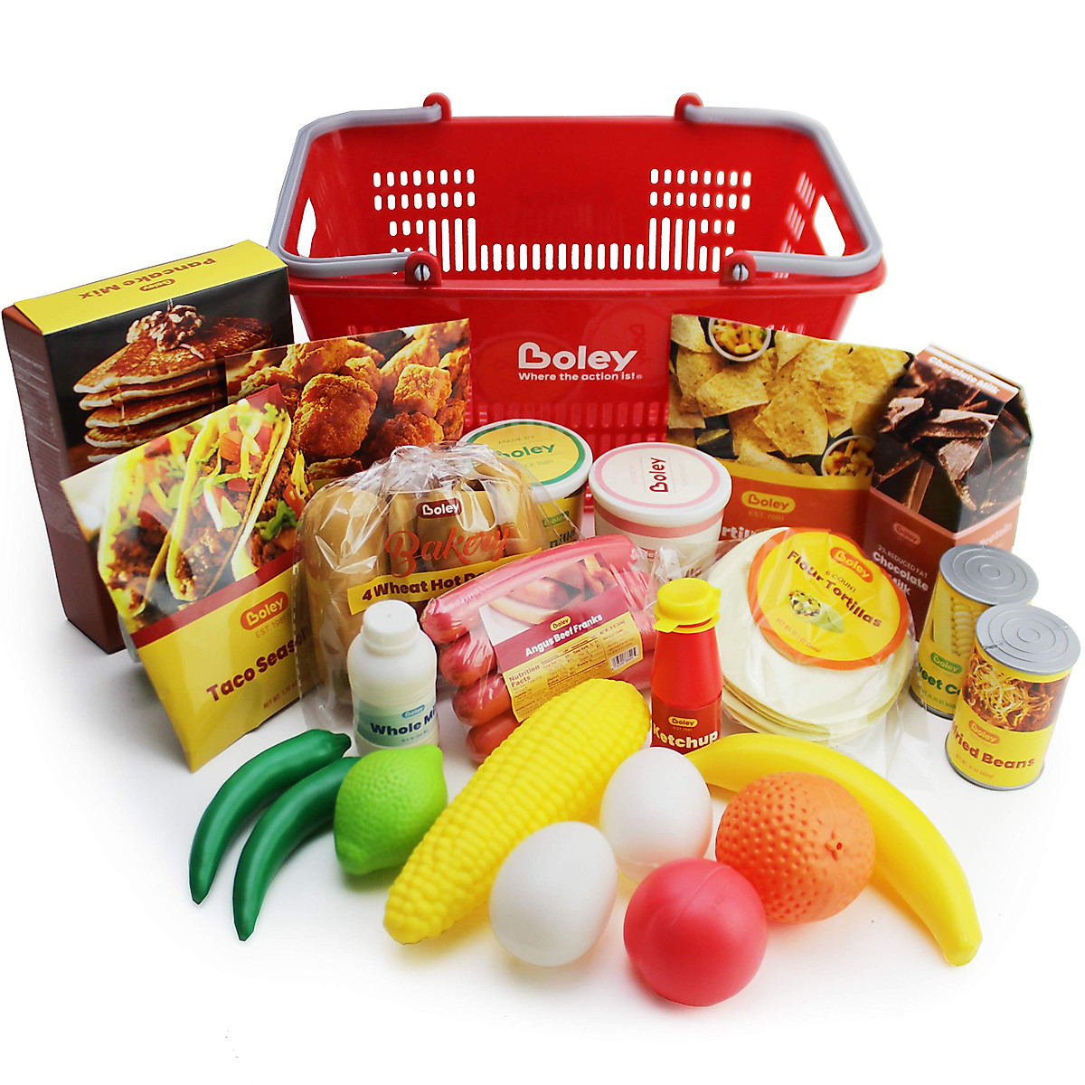 Boley Shopping Basket Toy - Pretend Grocery Shopping Play Set with 24 Realistic Play Food Items - Fruits, Vegetables, Drinks, Meats - Educational and Durable - for Kids and Toddlers Ages 3 and Up