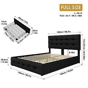 Full Size Bed Frame with 4 Storage Drawers and Adjustable Headboard, Upholstered Platform Bed with Button Tufted Design, Strong Wooden Slats Support, No Box Spring Needed, Black
