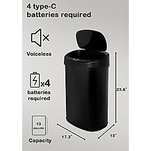 BIQWBIC 50L/13Gal Automatic Trash Can for Home and Kitchen, Large Stainless Steel Kitchen Trash Can Motion Sensor Garbage Can Fingerprint-Resistant Trash Cans, Soft Close Lid (Black)