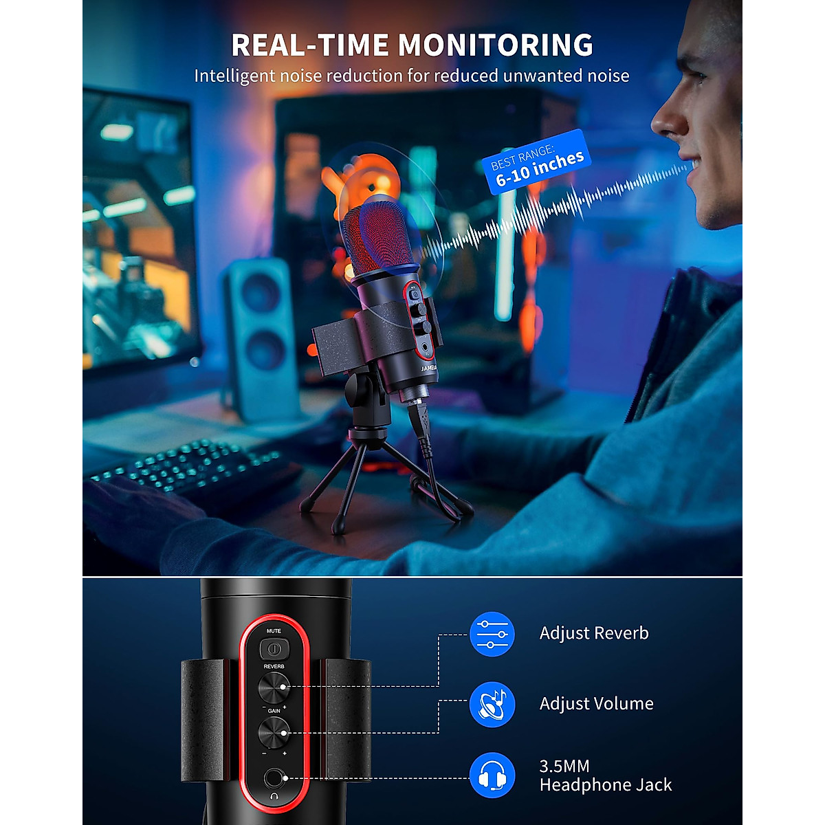 JAMELO Gaming Microphone, USB Computer Condenser Mic for PC/Laptop/Phone/PS4/5, RGB, Headphone Output, Volume Control,Plug and Play, Mute Button, for Streaming, Podcast, Studio Recording