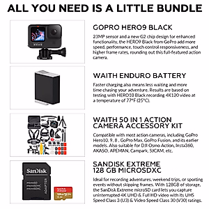 GoPro HERO9 Black 1080p Live Streaming Camera | 33' Waterproof, 8X Slo-Mo, Time-Lapse & Night-Lapse, 50 in 1 Accessory Kit, 128 GB Memory Card, and Waith Rechargeable Battery