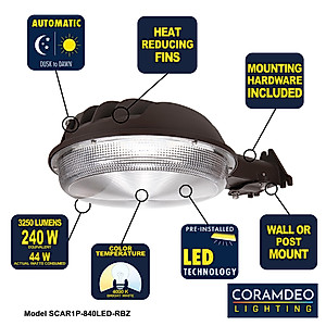 CORAMDEO Outdoor LED Barn Area Light, Dusk to Dawn Photocell, Integrated LED Gives 240W of Light from 44W of Power, Wet Location, Cast Aluminum, Rustic Bronze Finish, Clear Lens, Wall or Post Mount
