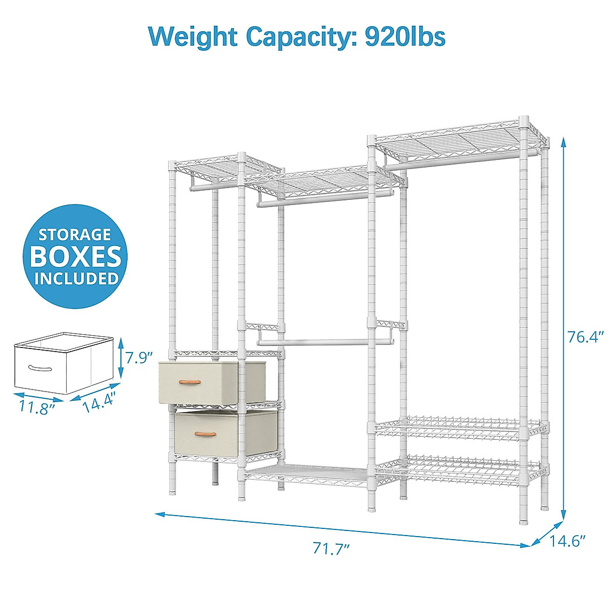 VIPEK V8 White Metal Clothes Rack, Adjustable Shelves, Holds 816 lbs, Compact Design, Easy Assembly