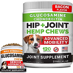 STRELLALAB 120Ct Hemp Glucosamine + 120Ct Glucosamine Treats for Dogs Bundle - Joint Pain Relief + Advanced Mobility - Hemp Oil, Chondroitin, MSM + Omega-3 Fish Oil - Hip & Joint Care - Made in USA