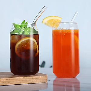 16 oz Glass Cups With Bamboo Lids And Glass Straw And Brush to clean -Beer Can Shaped Drinking Glasses, Iced Coffee Glasses, Cute Tumbler Cup for Smoothie, Boba Tea, Whiskey, Water