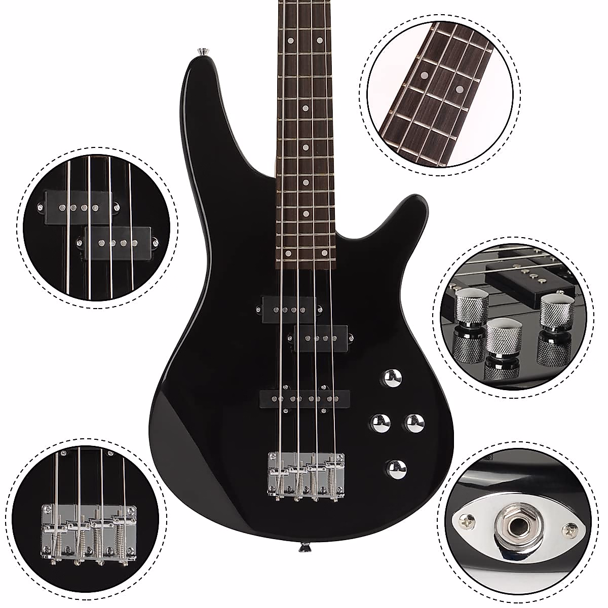 Electric Bass Guitar 4 Strings Full Size P Bass Beginner Kit Black for Starter with Gig Bag, Guitar Strap, and Guitar Cable (Black)