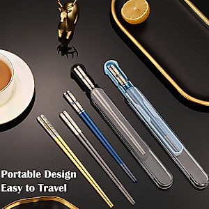 Portable Chopsticks with Pull Design Case, Reusable Metal Stainless Steel Chopstick with Titanium Plated for School, Home, Office, Outdoor, Bento Box Use, Dishwasher Safe (Black Phoenix)