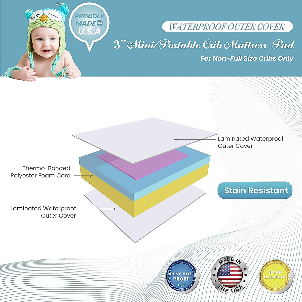 LA Baby 3" Waterproof Mini/Portable Crib Mattress Pad with Easy to Clean Cover, For Non-Full Size Cribs Only - Made in USA