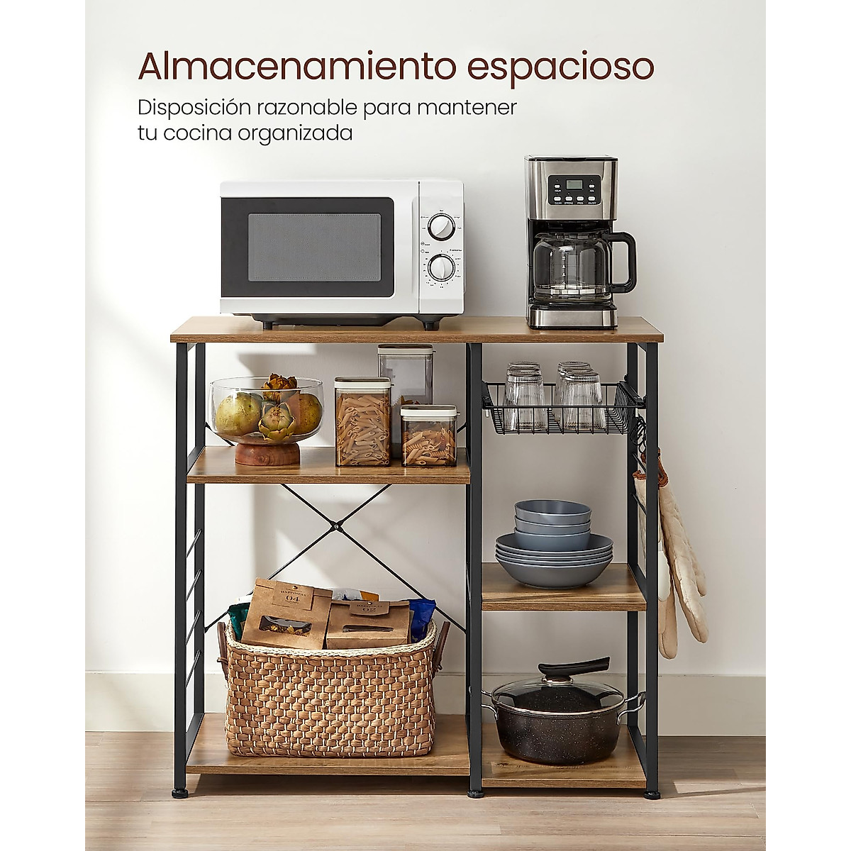 VASAGLE ALINRU Kitchen Baker’s Rack, Coffee Bar, Microwave Oven Stand, with Steel Frame, Wire Basket, 6 Hooks, for Mini Oven, Spices Utensils, Industrial, Rustic Walnut and Black UKKS090B41