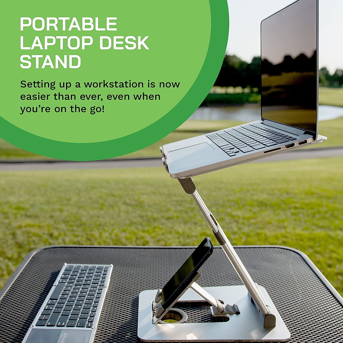 obVus Solutions - minder 2.0 Height-Adjustable Laptop Stand with Integrated Smartphone Holder – Ergonomic, Portable, and Foldable Stand for 10” to 17” Tablets and Laptops