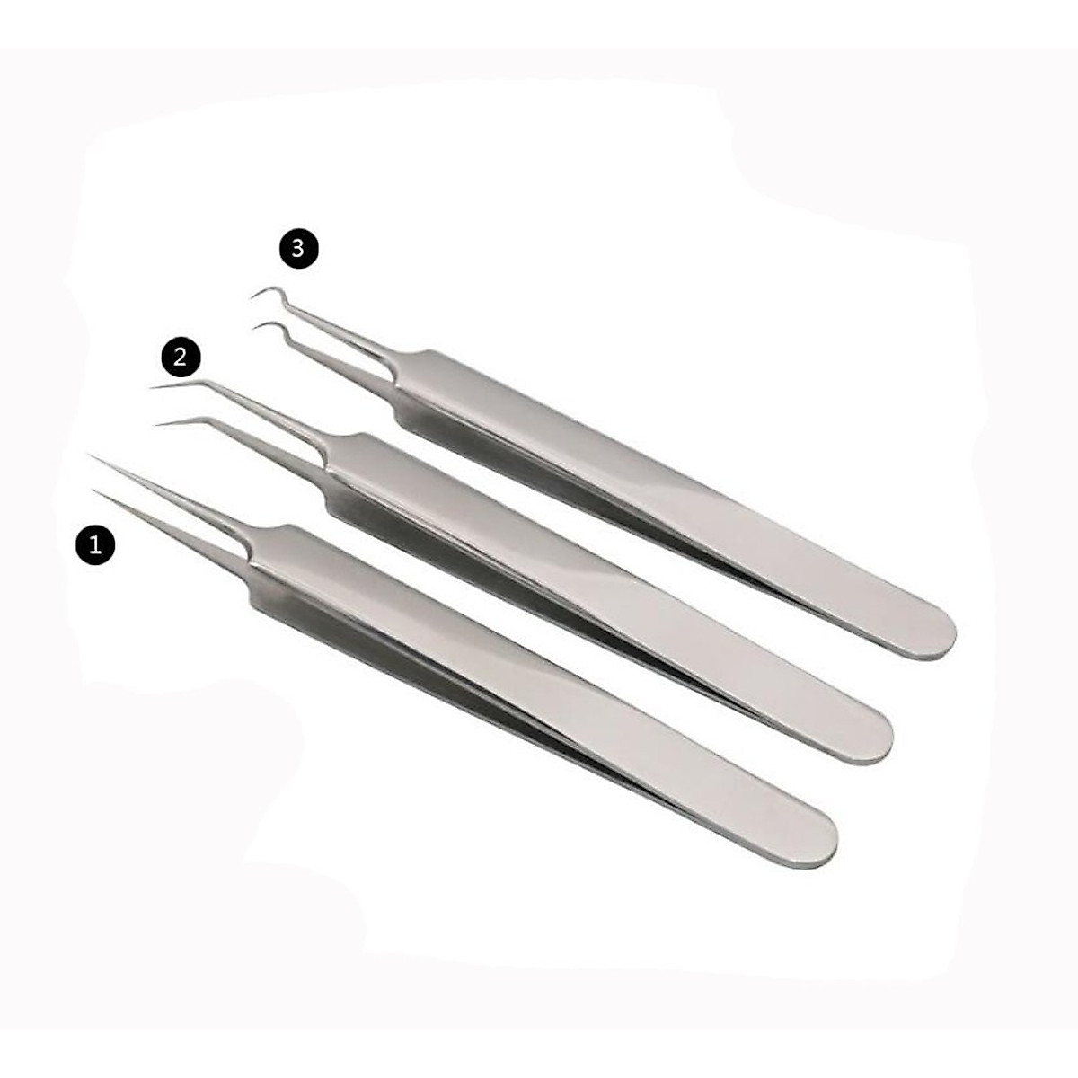 1Set(3PCS) Silver Professional Remove Blackheads Tweezers Set - Stainless Steel Straight/Slanted & Pointed Splinter/Bend Curved Blemish Extractor Tool for Acne Zit Cystic Blemish Whitehead Popping