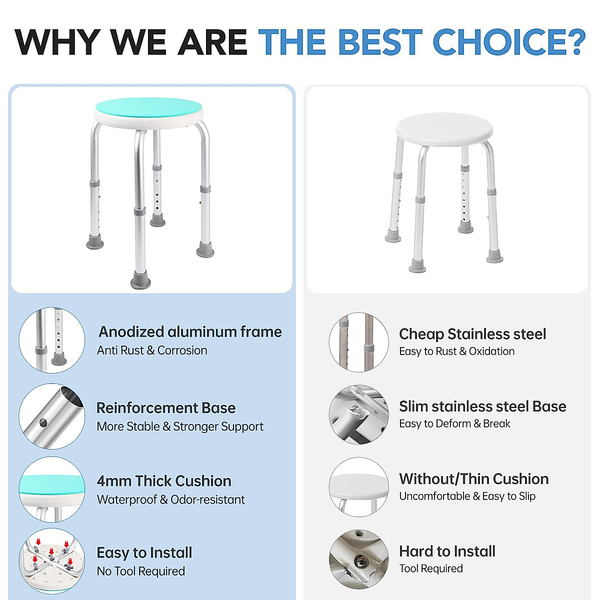 Shower Stool for Inside Shower,Adjustable Shower Chair for Inside Tub with Anti Slip Bath Seat, Small Shower Chair for Elderly and Disabled, Adjustable Bath Stool Shower Seats for Adults 350 lbs