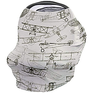 Car Seat Canopy Nursy Cover Airplane, Multi Use Breastfeeding Scarf for Infant Carseat Canopy Stroller Shopping Cart Highchair Old Fashioned Airplanes in Hand Drawn Style Vintage Transportation