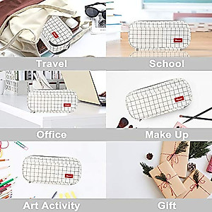 Vnieetsr Large Pencil Case Big Capacity Pencil Bag Large Storage Pouch 3 Compartments Desk Organizer Marker Pen Case Simple Stationery Bag Pencil Holder (Plaid White)