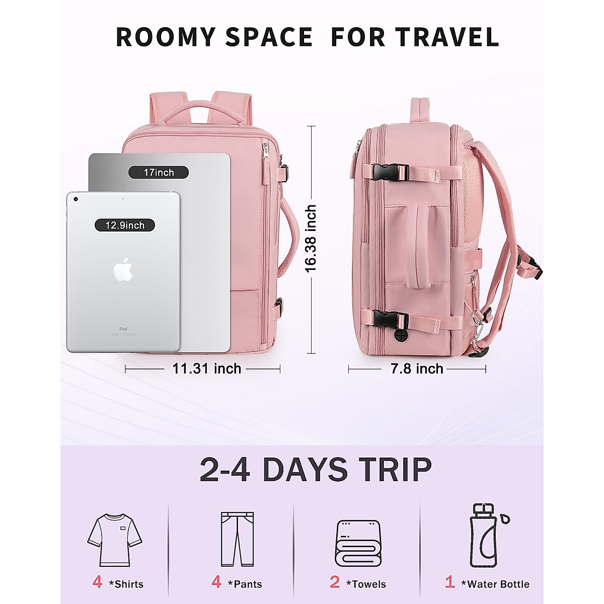 FALARK INC Travel Backpack For Women, 35L Carry On Backpack Flight Approved, Waterproof Personal Item Travel Bag Suitcase Backpack With USB Hole For Weekender, Traveling, Pink