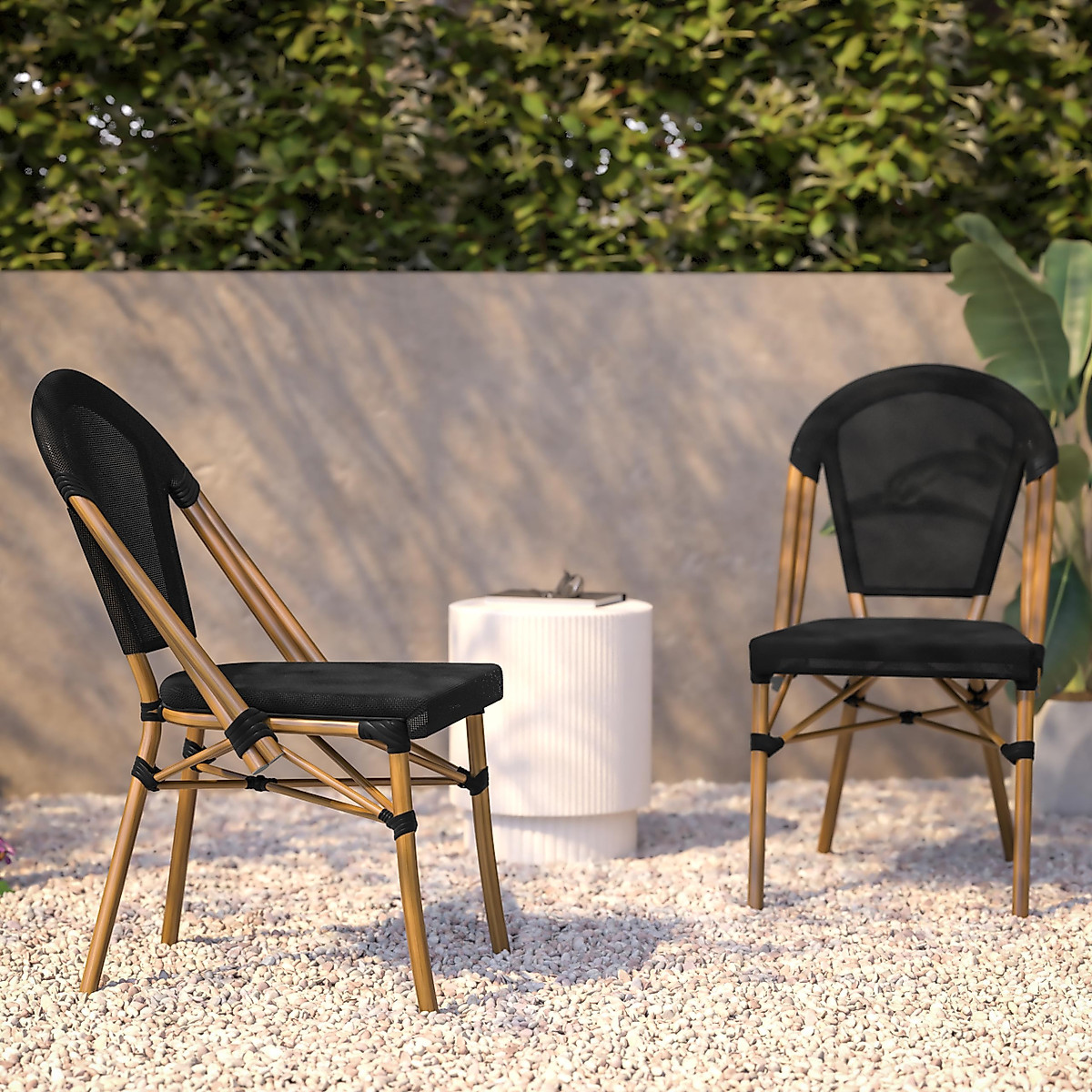 BizChair Set of 2 Indoor/Outdoor Commercial Bistro Stacking Chair, Black Textilene Back and Seat, Bamboo Print Aluminum Frame in Natural