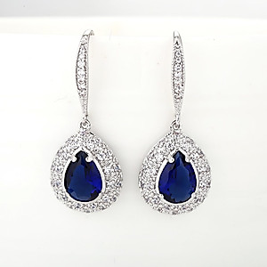 Sapphire Earrings for Women - Silver Bridal Teardrop Blue Crystal Cubic Zirconia Drop Earring for Wedding Party Prom Fashion Jewelry for Bride Bridesmaids September Birthstone Birthday Jewelry