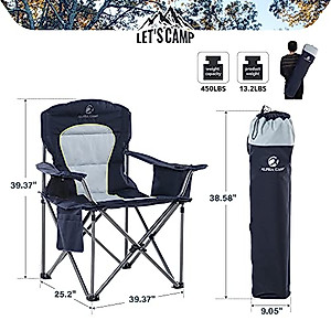 LET'S CAMP Oversized Folding Camping Chair Portable Outdoor Heavy Duty Padded Chairs Lawn Chair with Cup Holder, Storage Pocket and Cooler Bag, Supports 450LBS, for Camp, Travel, Picnic (Blue)
